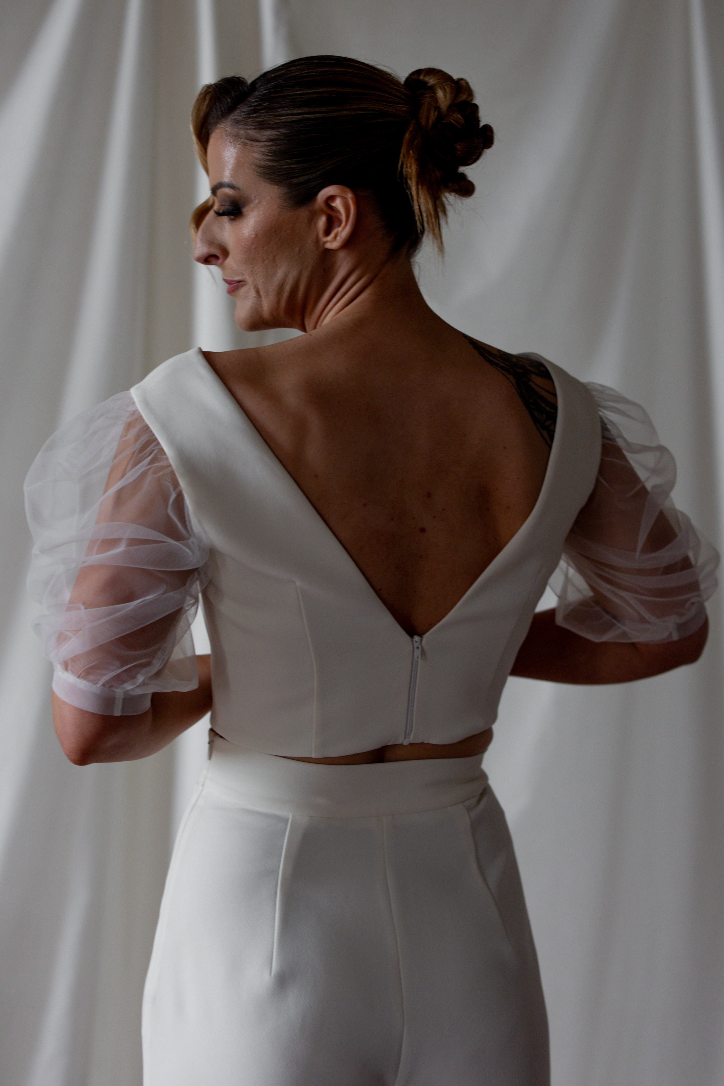 Izzy | V-Neck Crepe Top with Sheer Puff Sleeves and Gold Button Detail – Mizz Rio